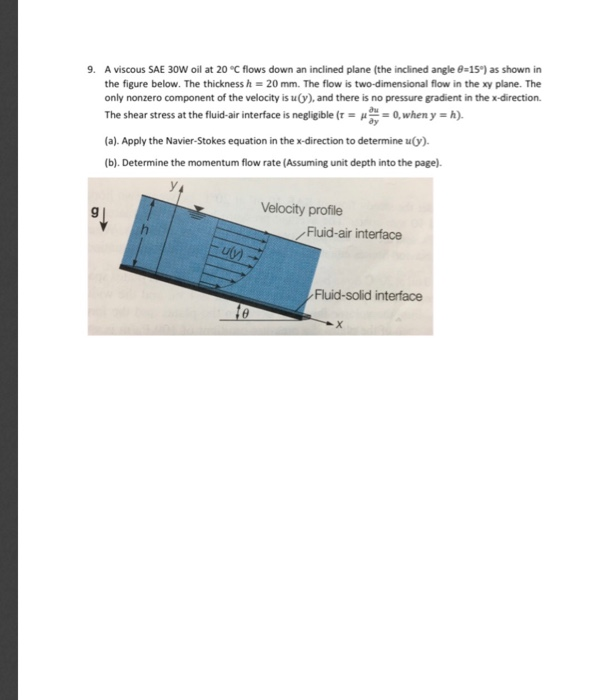 Solved 9. A viscous SAE 30W oil at 20°C flows down an | Chegg.com