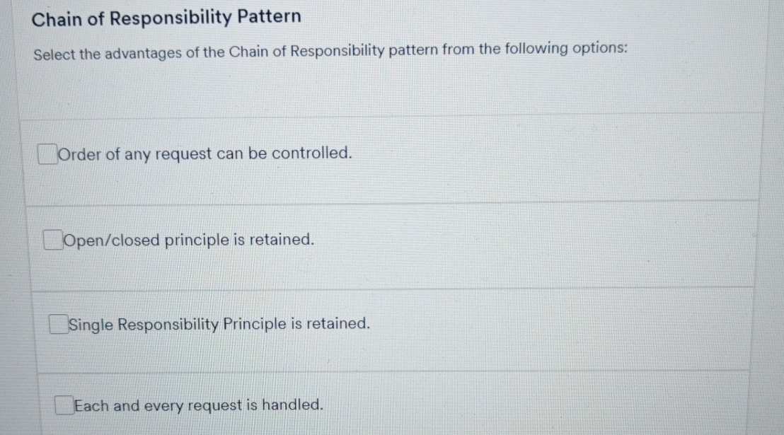 Solved Chain of Responsibility PatternSelect the advantages | Chegg.com