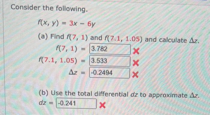 Solved Consider the following. f(x,y)=3x−6y (a) Find f(7,1) | Chegg.com