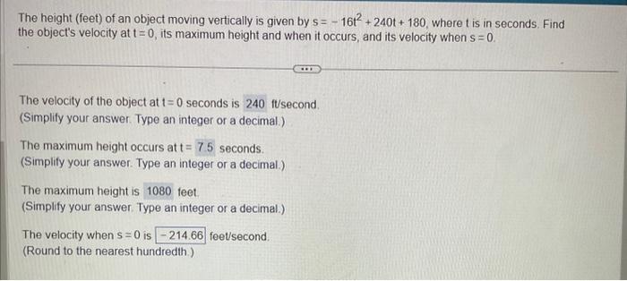 Solved The height (feet) of an object moving vertically is | Chegg.com