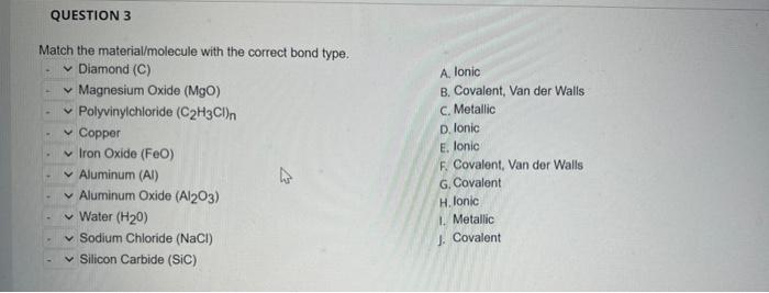 Solved QUESTION 3 Match the material/molecule with the | Chegg.com