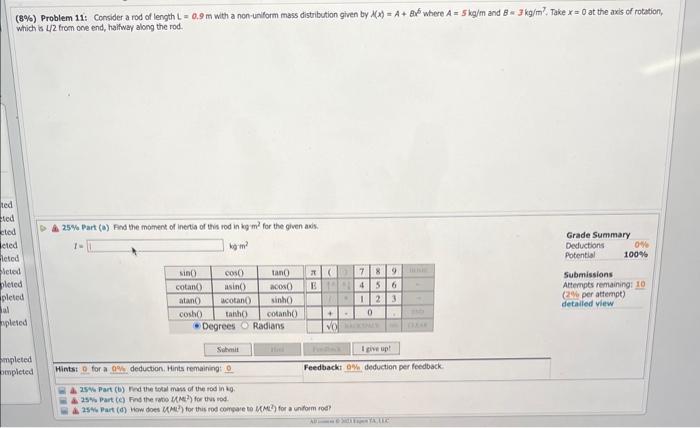 Solved (8%) Problem 11: Consider a rod of length L. = 0.9 m | Chegg.com