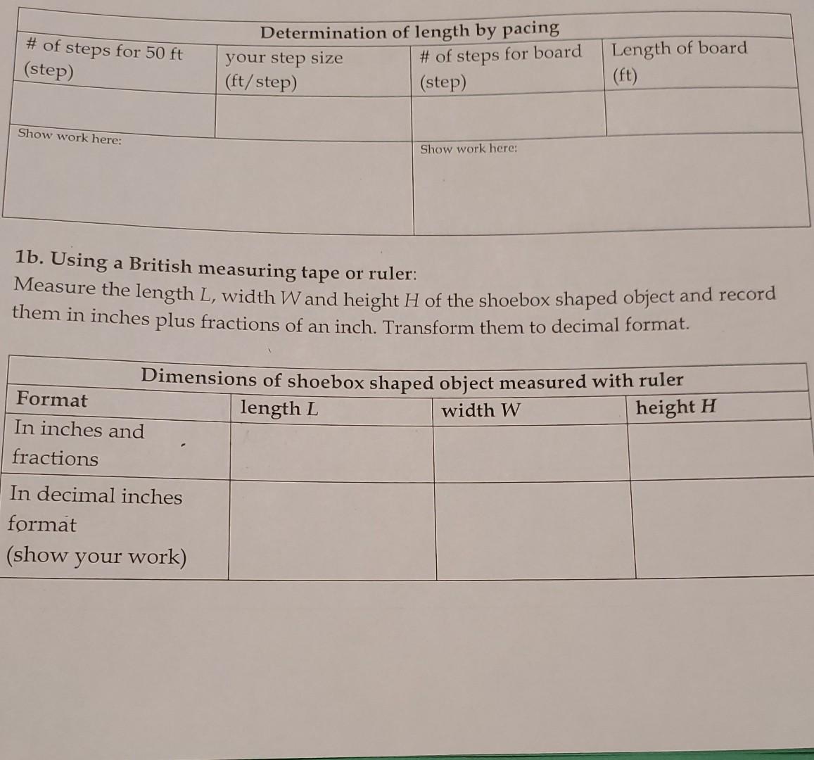 Solved 1b. Using a British measuring tape or ruler: Measure | Chegg.com