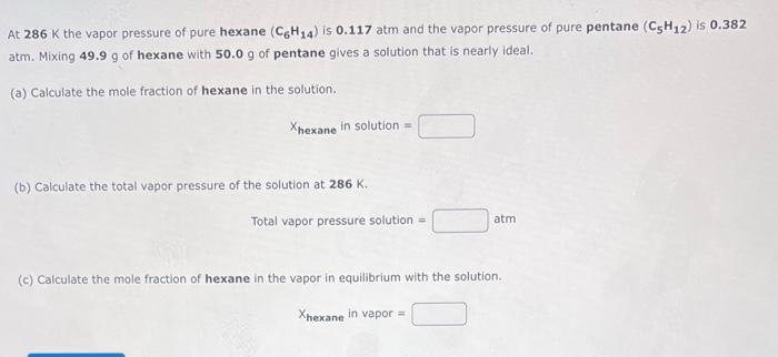 Solved At 286 K the vapor pressure of pure hexane (C6H14) is | Chegg.com