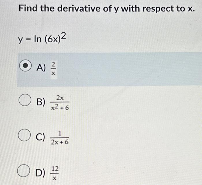 Solved Find the derivative of y with respect to x. y=ln(6x)2 | Chegg.com