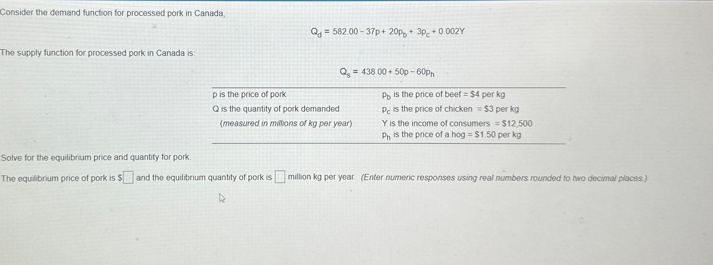 Solved Consider the demand function for processed pork in | Chegg.com