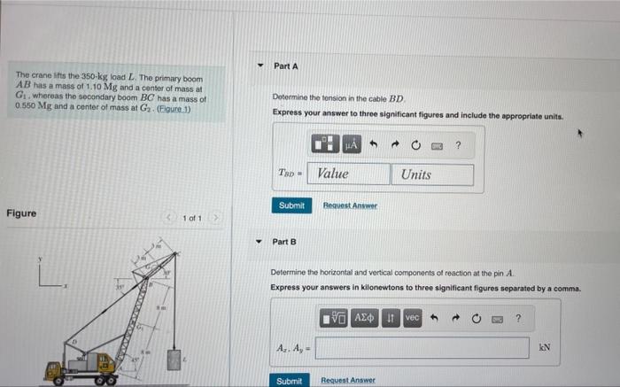 Solved The crane ifts the 350−kg load L. The primary boom AB | Chegg.com