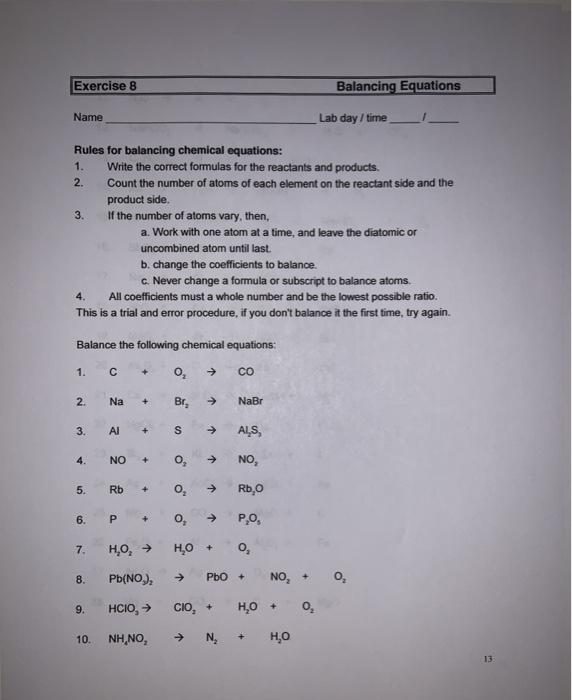 Solved Exercise 8 Balancing Equations Name Lab day / time | Chegg.com