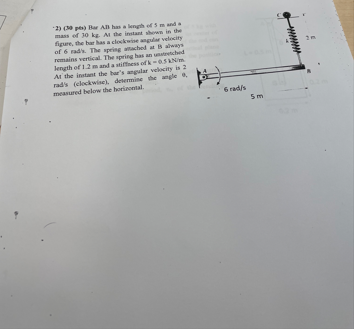 Solved 2) (30 ﻿pts) ﻿Bar AB has a length of 5 ﻿m and a mass | Chegg.com