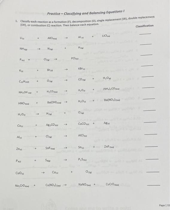 Solved Practice - Classifying and Balancing Equations I 1. | Chegg.com