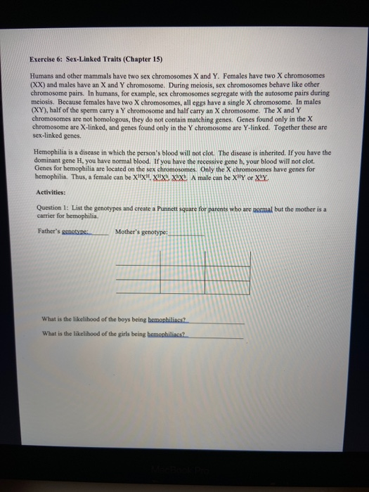 Solved Exercise 6: Sex-Linked Traits (Chapter 15) Humans and | Chegg.com