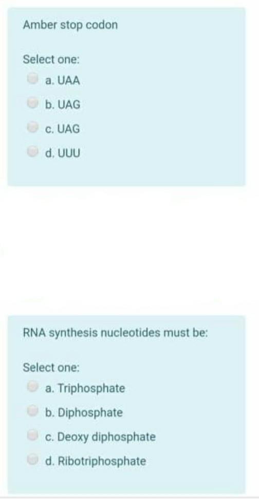 Solved Amber stop codon Select one: a. UAA b. UAG c. UAG d. | Chegg.com