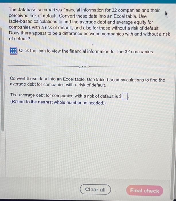 Solved The database summarizes financial information for 32 | Chegg.com