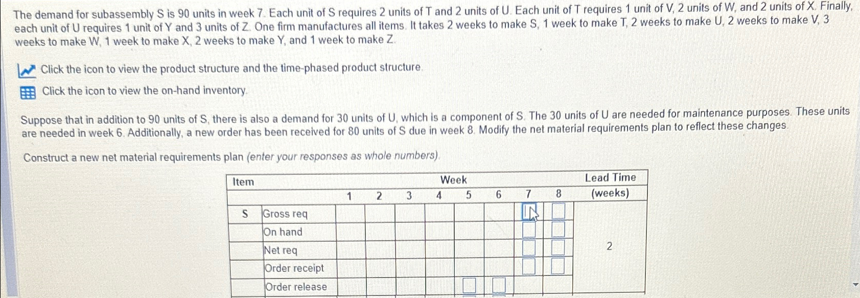 Solved The demand for subassembly S ﻿is 90 ﻿units in week 7. | Chegg.com