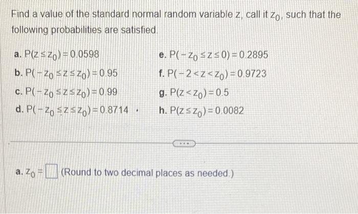 Solved Find a value of the standard normal random variable | Chegg.com