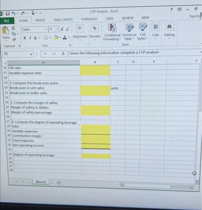 Solved CVP Analysis using Excel's Basic Math Functions JPL, | Chegg.com