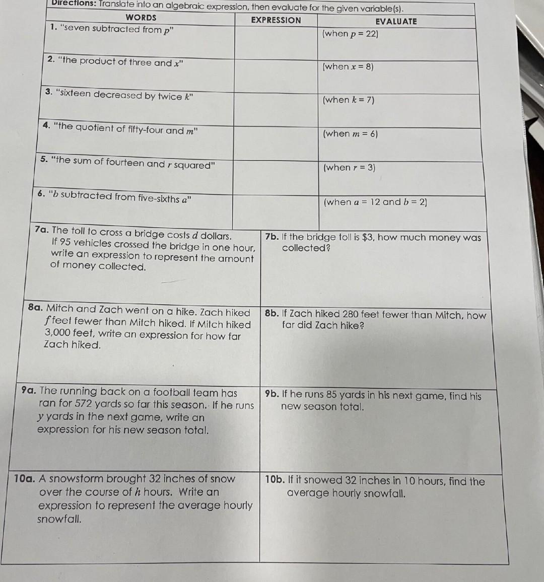 Solved Directions: Translate into an algebraic expression, | Chegg.com