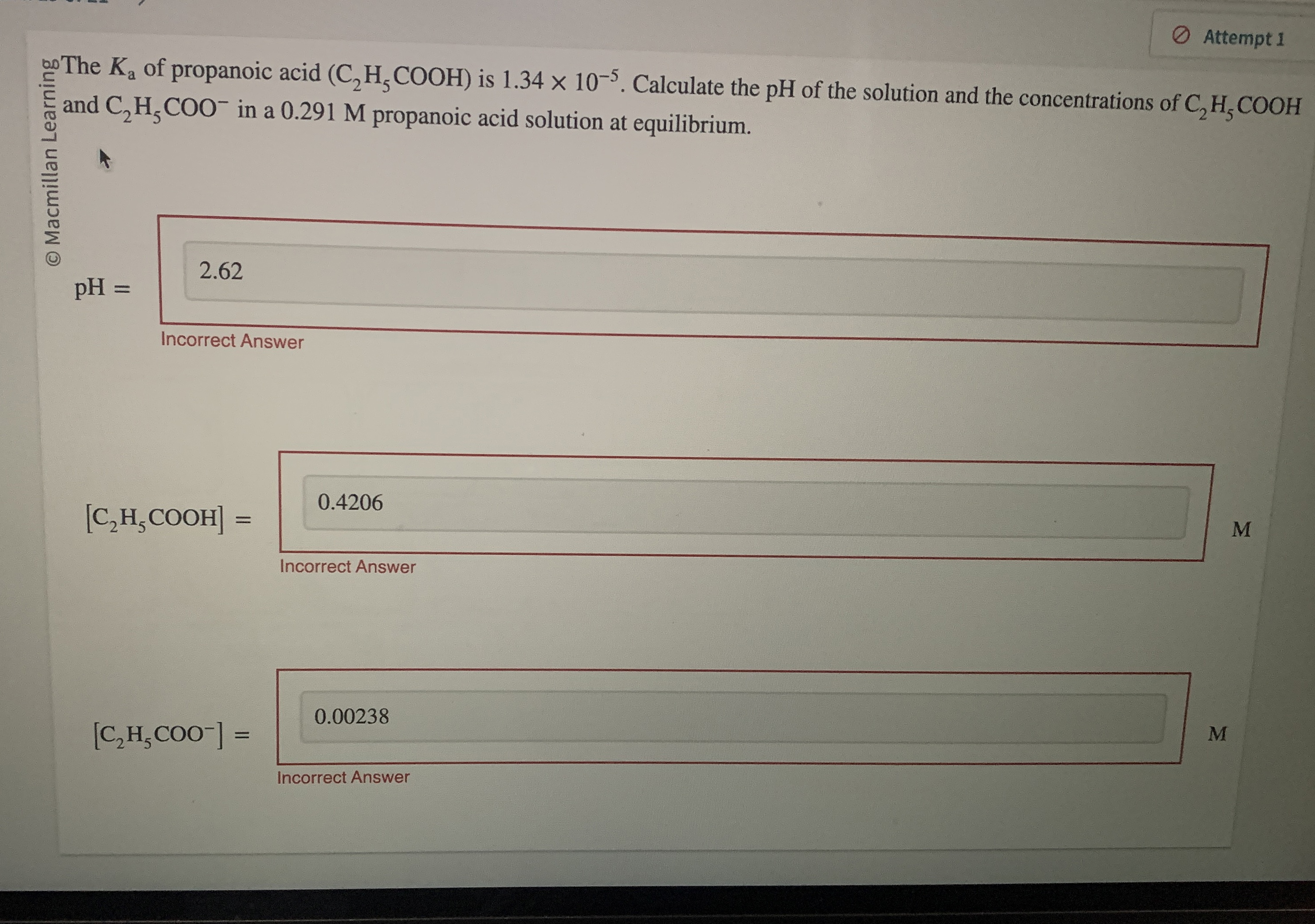 Solved Attempt 1and ()-in a 0.291 ﻿M propanoic acid solution | Chegg.com