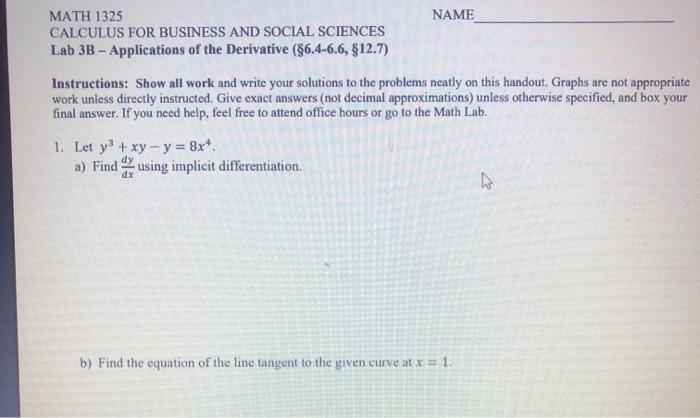Solved MATH 1325 NAME CALCULUS FOR BUSINESS AND SOCIAL | Chegg.com