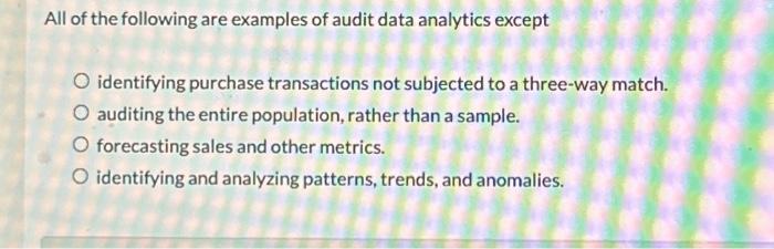 Solved All of the following are examples of audit data | Chegg.com