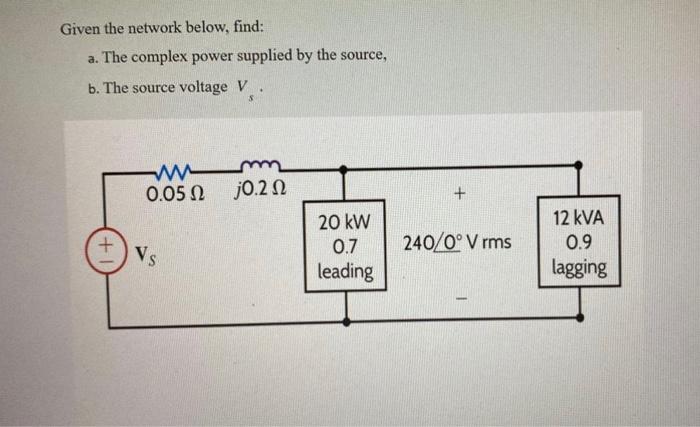 Solved Given the network below, find: a. The complex power | Chegg.com
