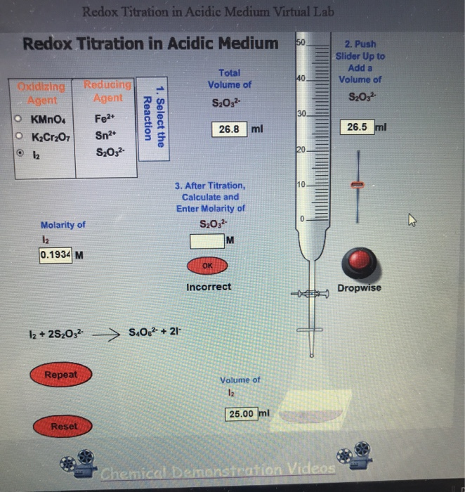 Solved Redox Titration in Acidic Medium Virtual Lab Redox | Chegg.com