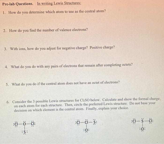 Solved Pre-lab Questions. In writing Lewis Structures: 1. | Chegg.com