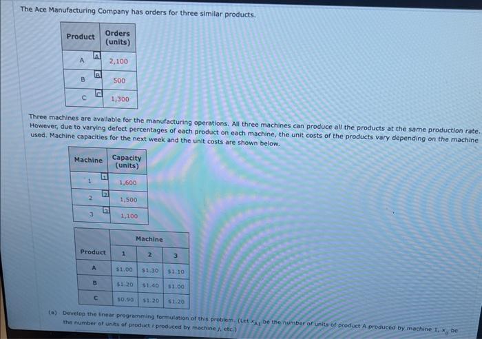 Solved The Ace Manufacturing Company has orders for three | Chegg.com