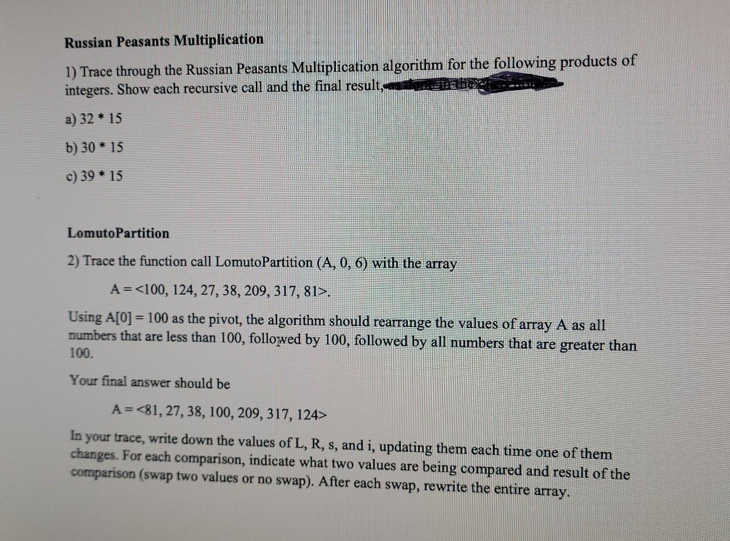 Russian Peasants Multiplication 1) Trace through the | Chegg.com