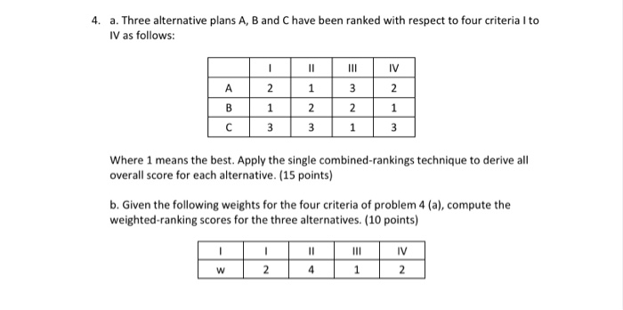 Solved 4. a. Three alternative plans A, B and C have been | Chegg.com