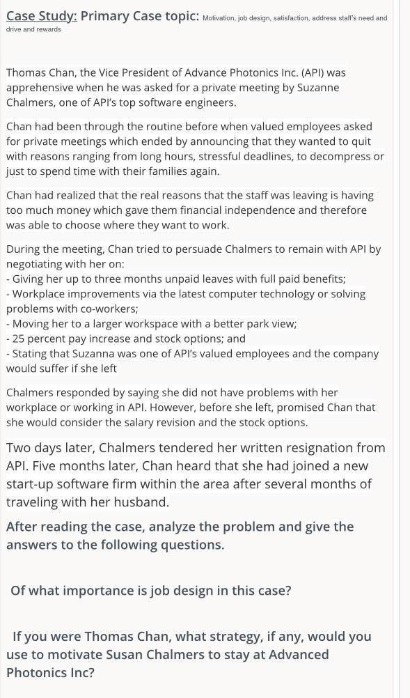 Solved Case Study: Primary Case topic: Motivation, job | Chegg.com