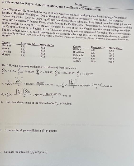 Solved Name 4. Inferences for Regression, Correlation, and | Chegg.com