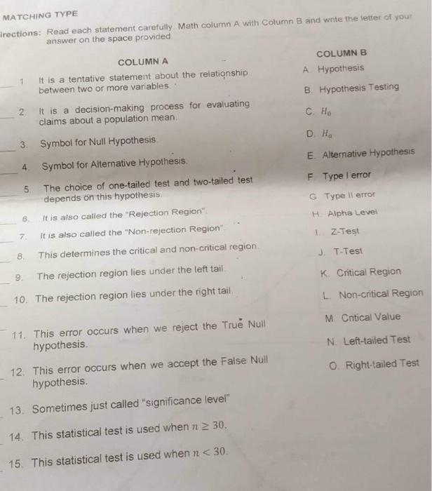 Solved MATCHING TYPE irections: Read each statement | Chegg.com Solved MATCHING TYPE irections: Read each statement | Chegg.com