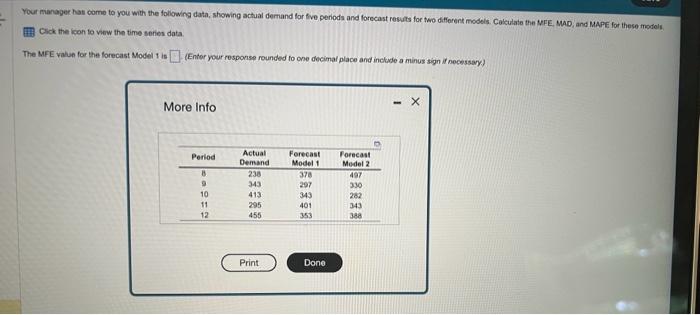 [Solved]: The MFE value for the forecast model 1 is ?The MAD