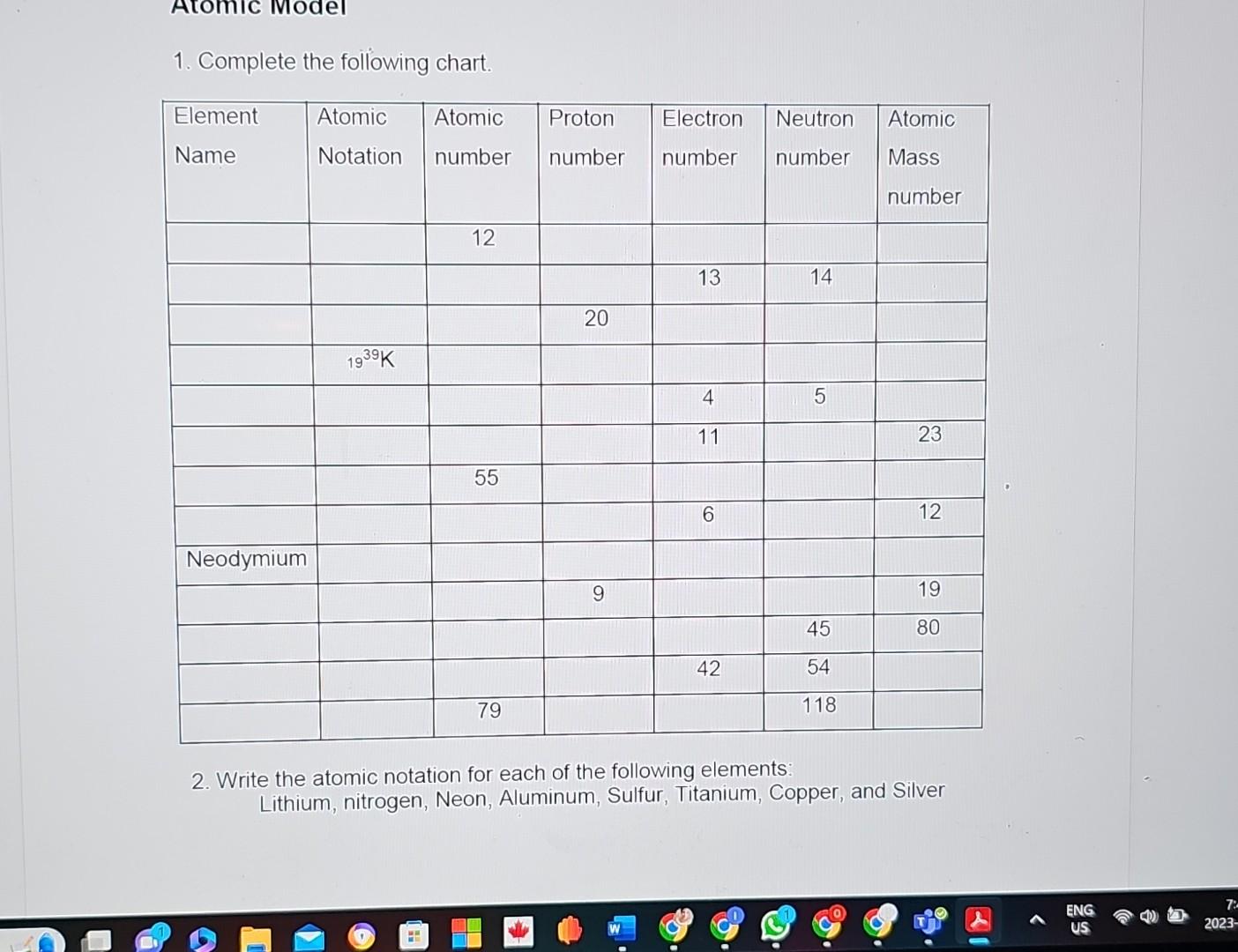 Solved 1. Complete the following chart. 2. Write the atomic | Chegg.com