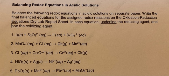 Solved Balancing Redox Equations in Acidic Solutions Balance | Chegg.com