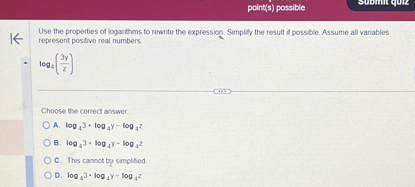 Solved point(s) ﻿possibleUse the properties of logarithms to | Chegg.com