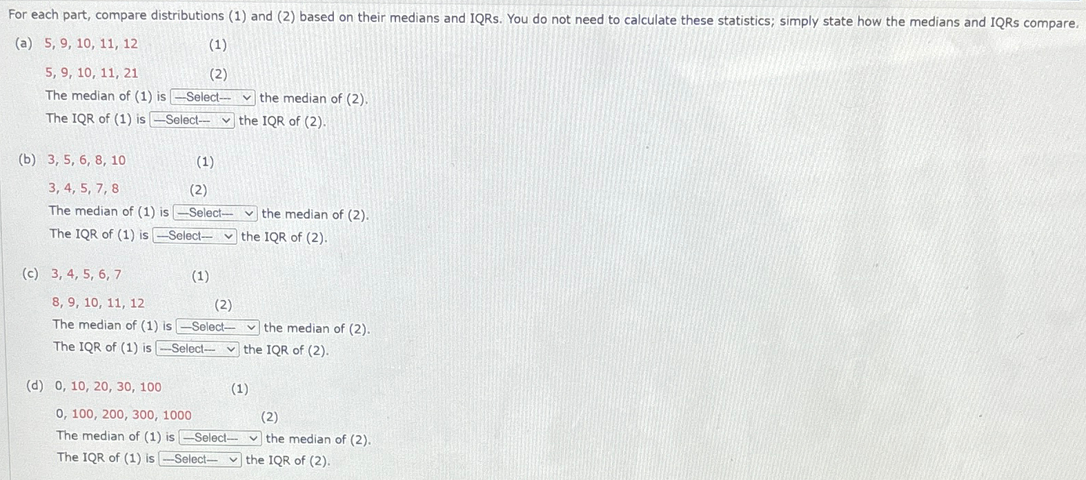 Solved For each part, compare distributions (1) ﻿and (2) | Chegg.com