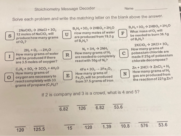 Solved Stoichiometry Message Decoder Name Solve each problem | Chegg.com
