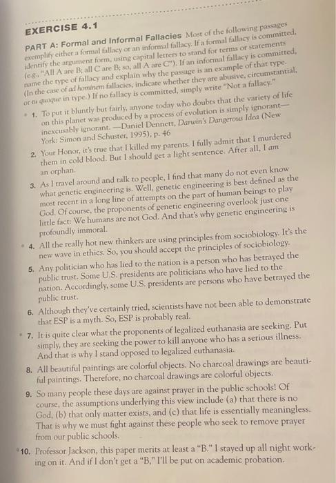 Solved EXERCISE 4.1 PART A: Formal and Informal Fallacies | Chegg.com