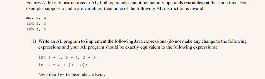 Solved For mov/add/sub instructions in AL, ﻿both operands | Chegg.com