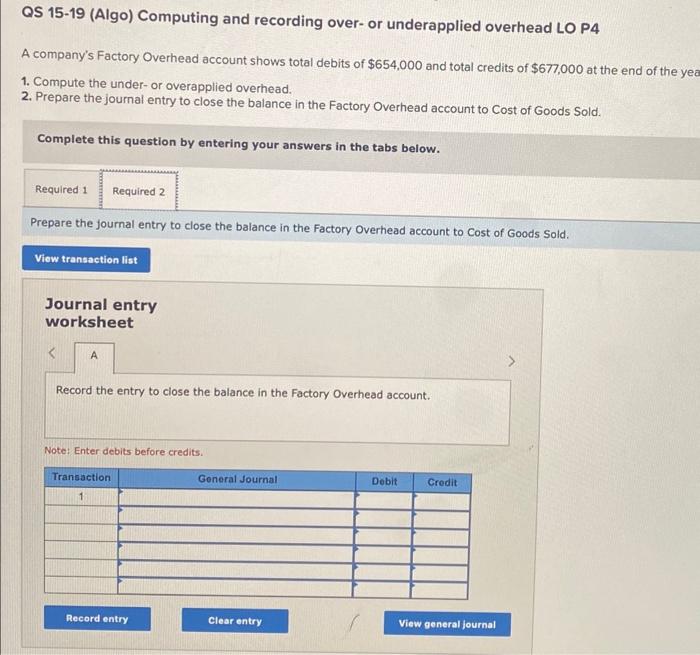 Solved QS 15-19 (Algo) Computing and recording over-or | Chegg.com