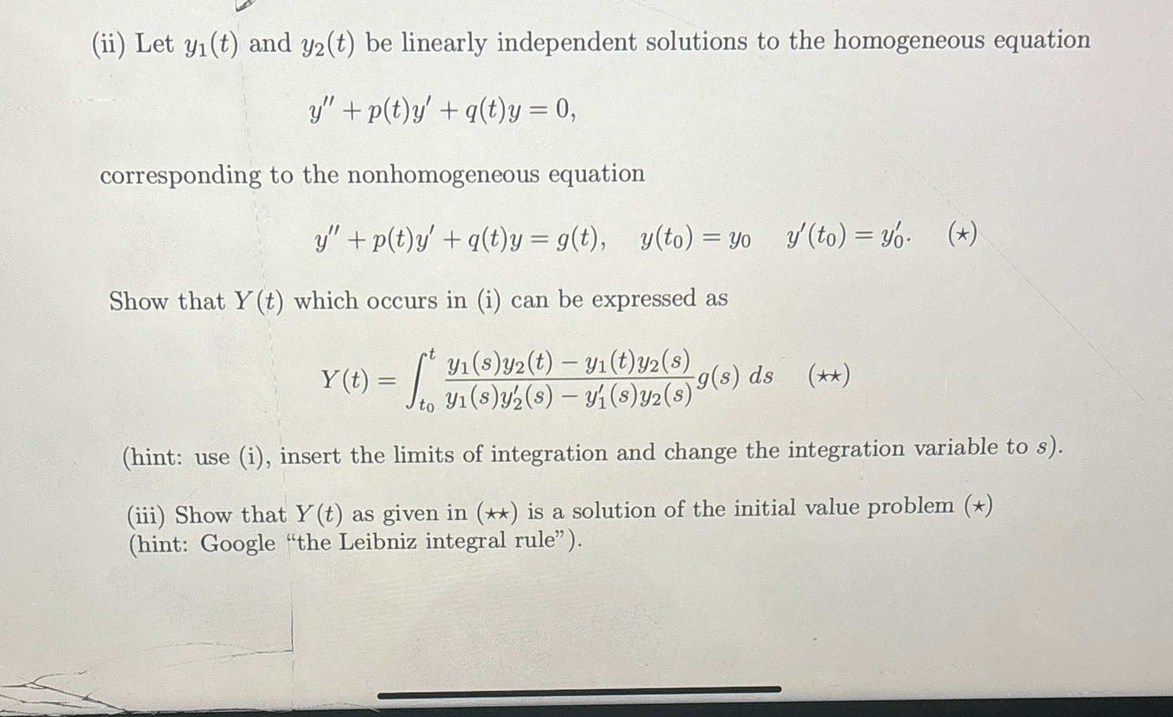Solved (ii) ﻿Let y1(t) ﻿and y2(t) ﻿be linearly independent | Chegg.com