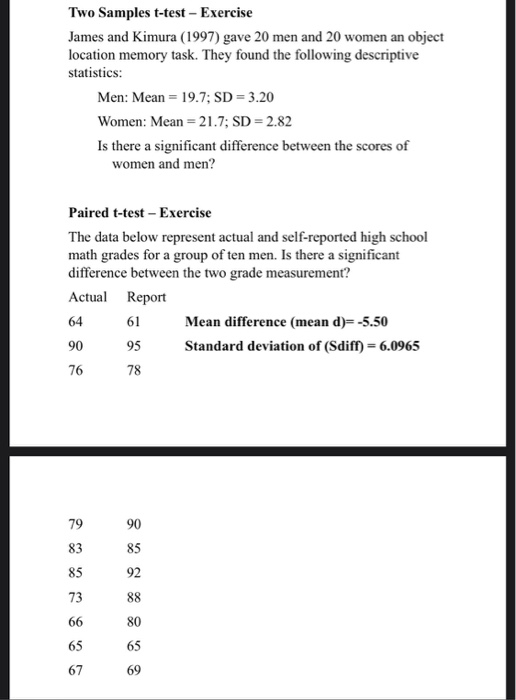 Solved Two Samples t-test - Exercise James and Kimura (1997) | Chegg.com