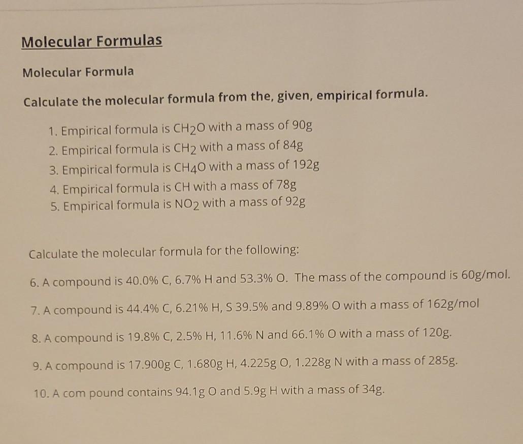 Solved Molecular Formulas Molecular Formula Calculate the | Chegg.com