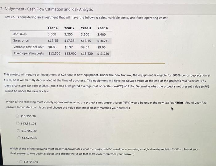Solved - Assignment - Cash Flow Estimation and Risk Analysis | Chegg.com