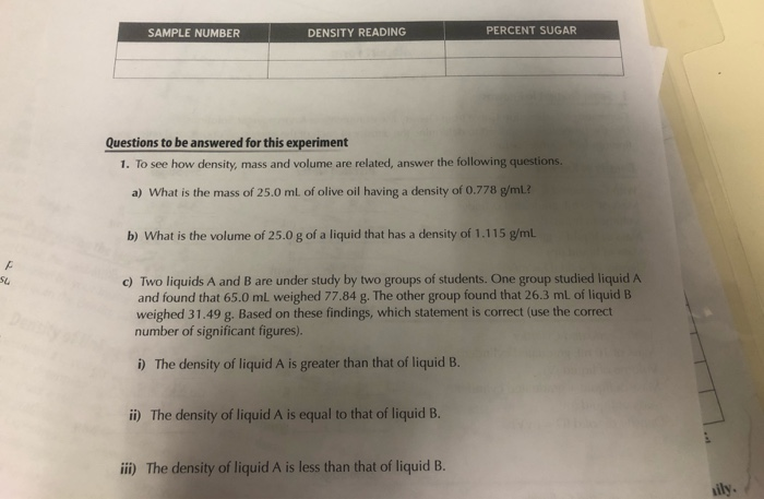 Solved Due Data Experiment #3 - Density of Liquids and | Chegg.com