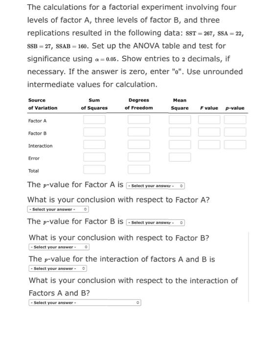 Solved The calculations for a factorial experiment involving | Chegg.com