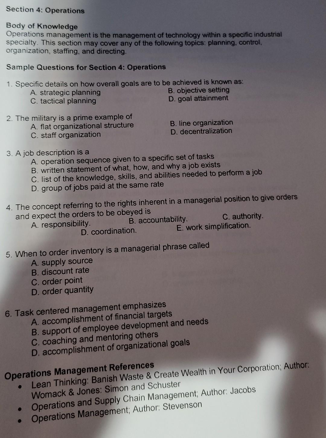 Solved Section 4: Operations Body of Knowledge Operations | Chegg.com