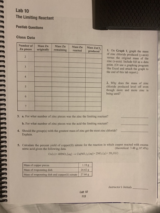 Lab 10 The Limiting Reactant Postlab Questions Class | Chegg.com